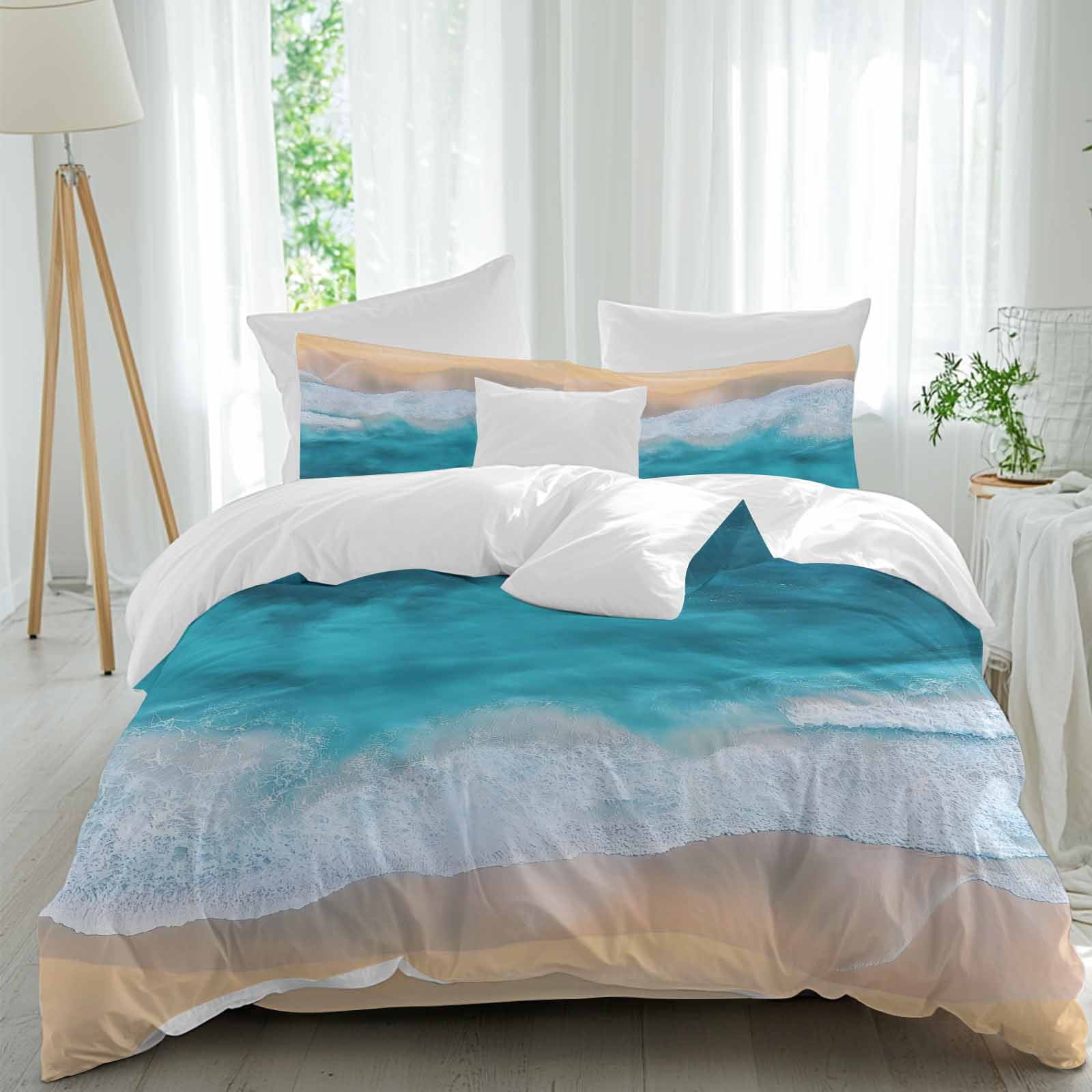 Ocean Waves Duvet Cover Set King Size, Summer Watercolor Ocean Beach ...