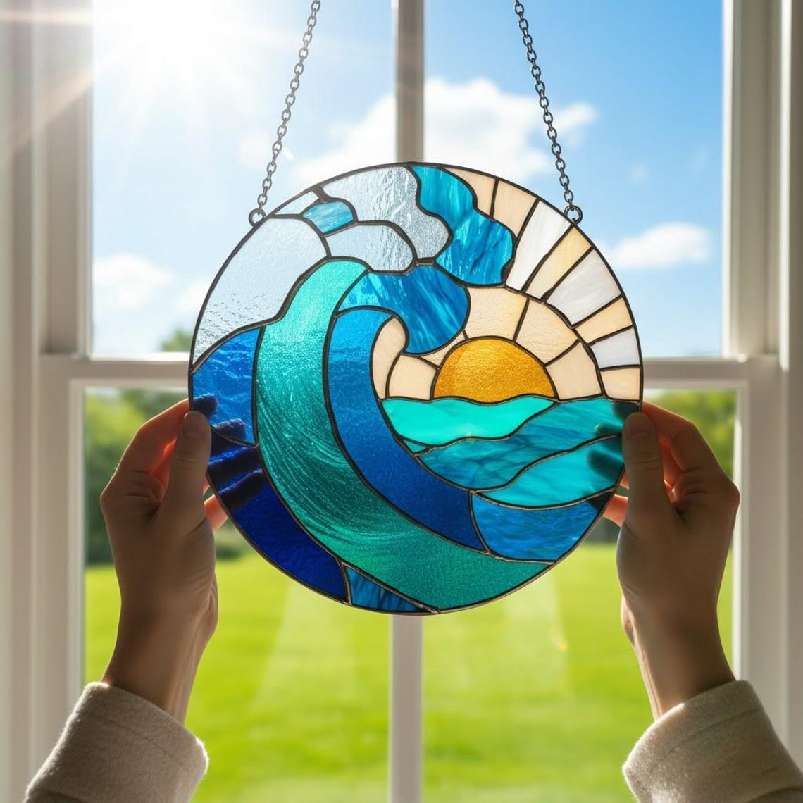 Ocean Waves Glass Suncatcher, Ocean Wave Window Hanger, Ocean Glass ...