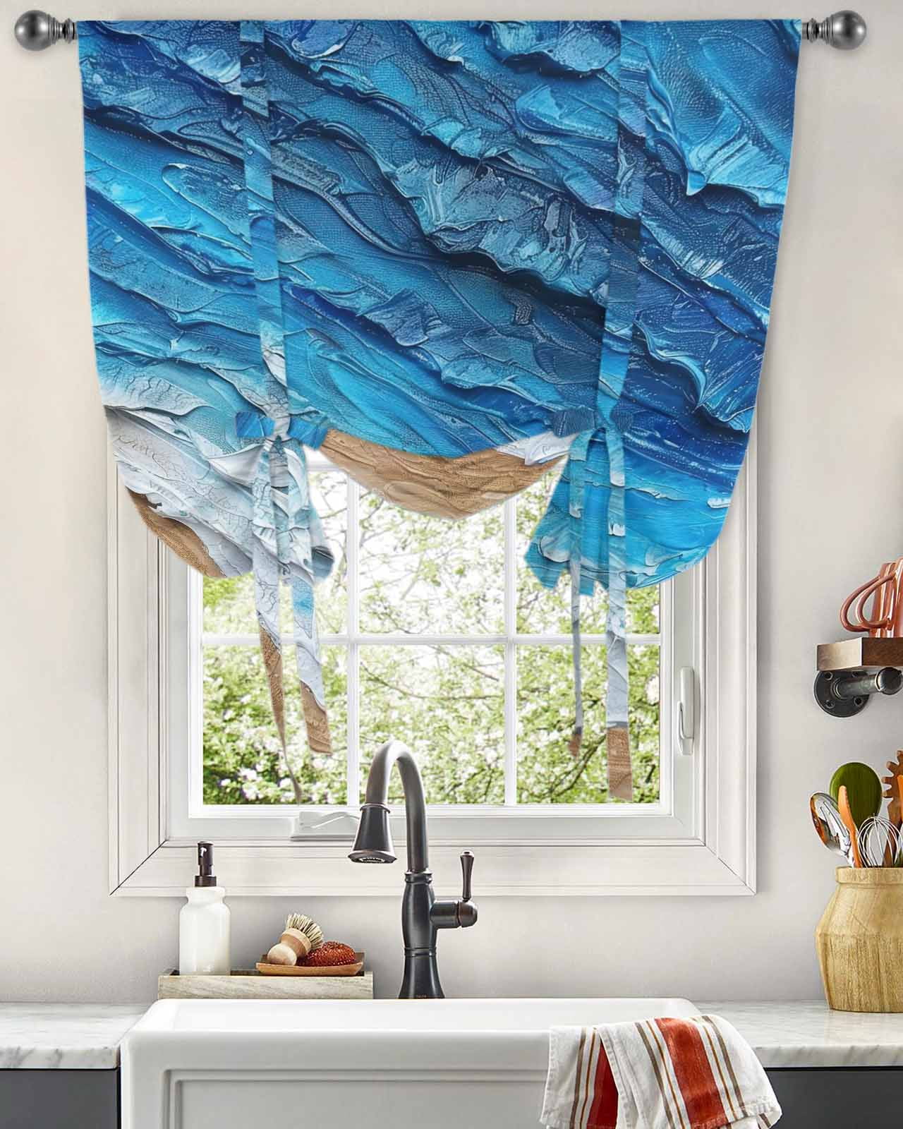 Ocean Waves Gradient Oil Painting Window Curtain for Living Room Kitchen Tie-up Roman Curtain ...