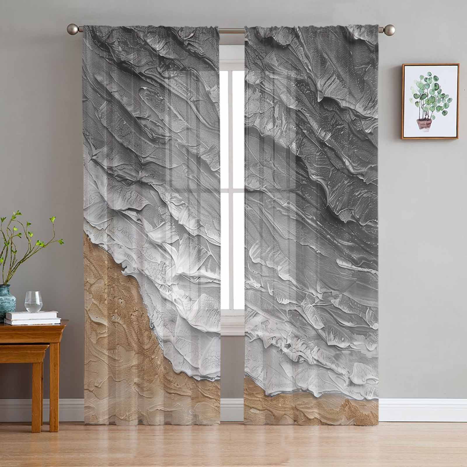 Ocean Waves Gradient Oil Painting Window Tulle Curtains for Living Room ...