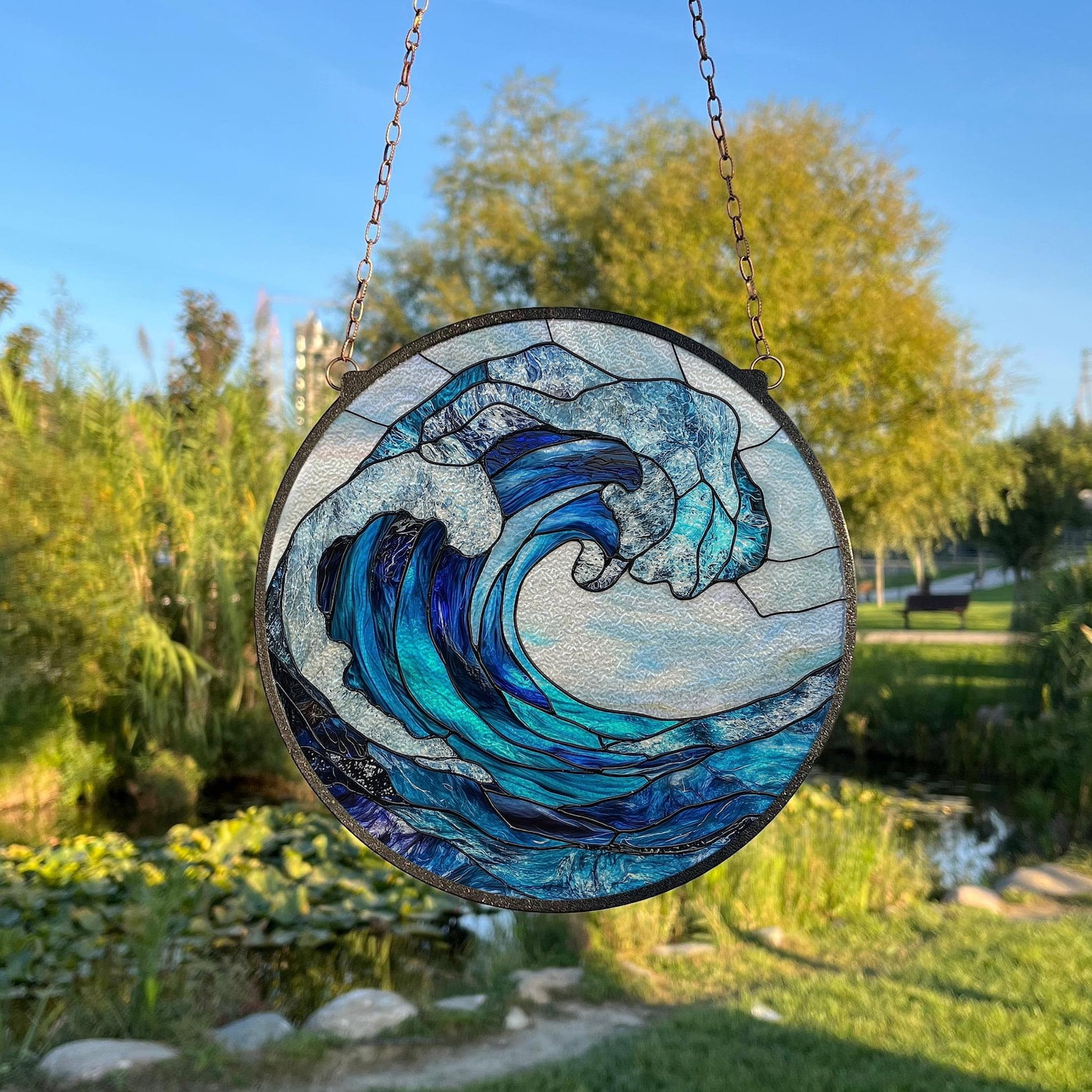 Ocean Waves Painted Stained Glass Suncatcher, Window Hanging Decor ...