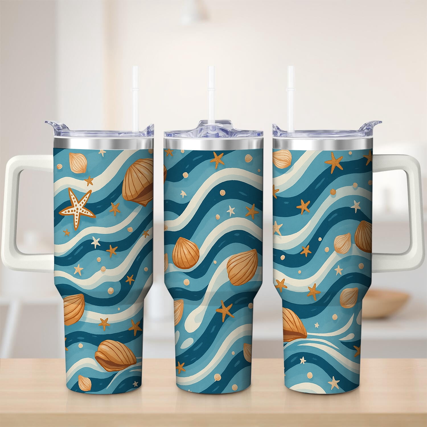 Ocean Waves Sea Shells Stainless Steel Insulated Mug with Lid and ...