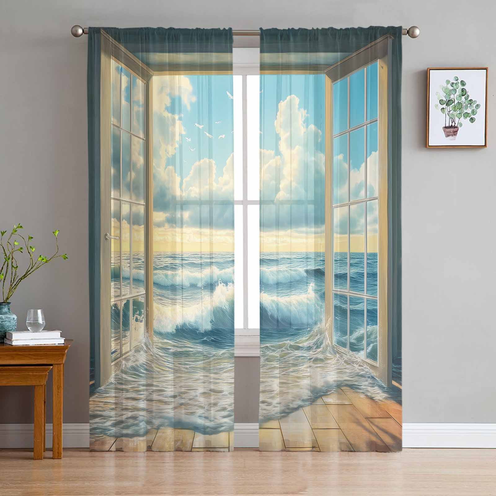 Ocean Waves Sheer Curtains 108 Inch Length 2 Panels Set for Living Room ...