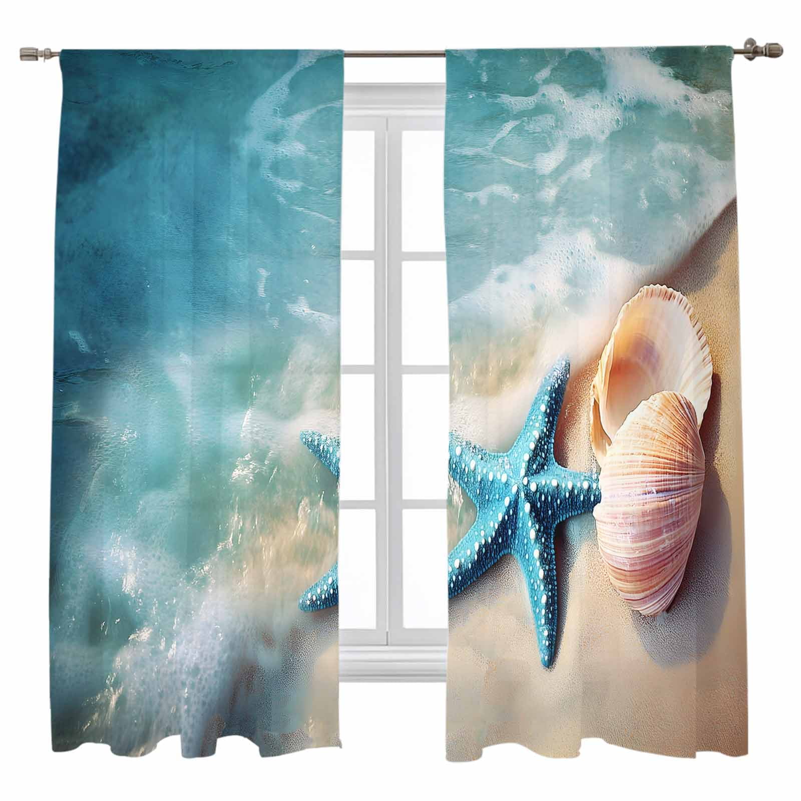 Ocean Waves Sheer Curtains 2 Panels Set, Beach Shells Starfish Window ...