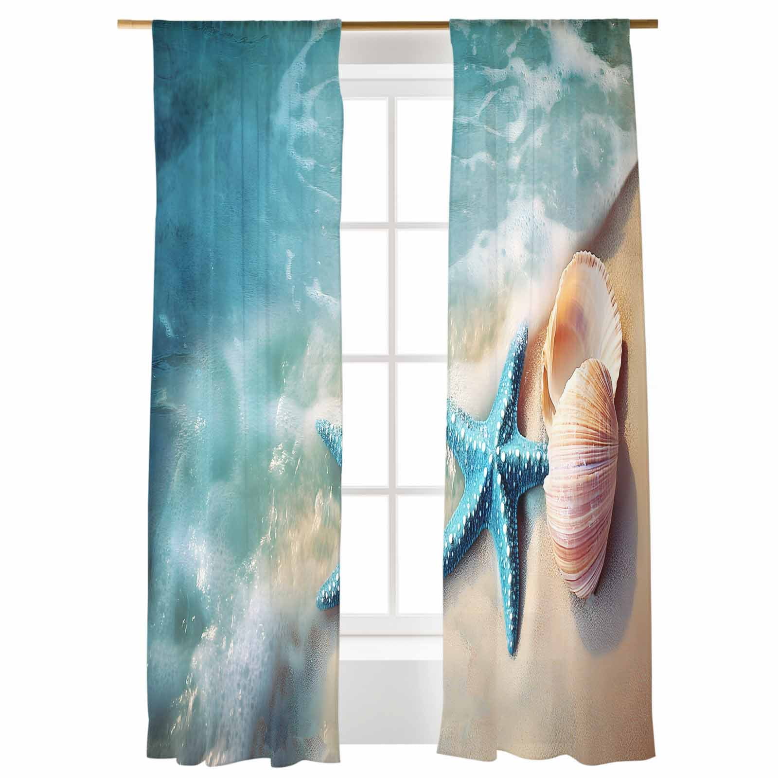 Ocean Waves Sheer Curtains 2 Panels Set, Beach Shells Starfish Window ...