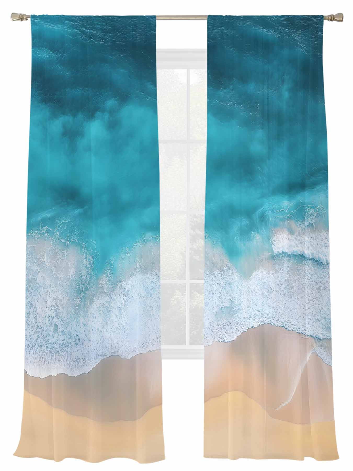 Ocean Waves Sheer Curtains 2 Panels Set Summer Watercolor Ocean Beach ...