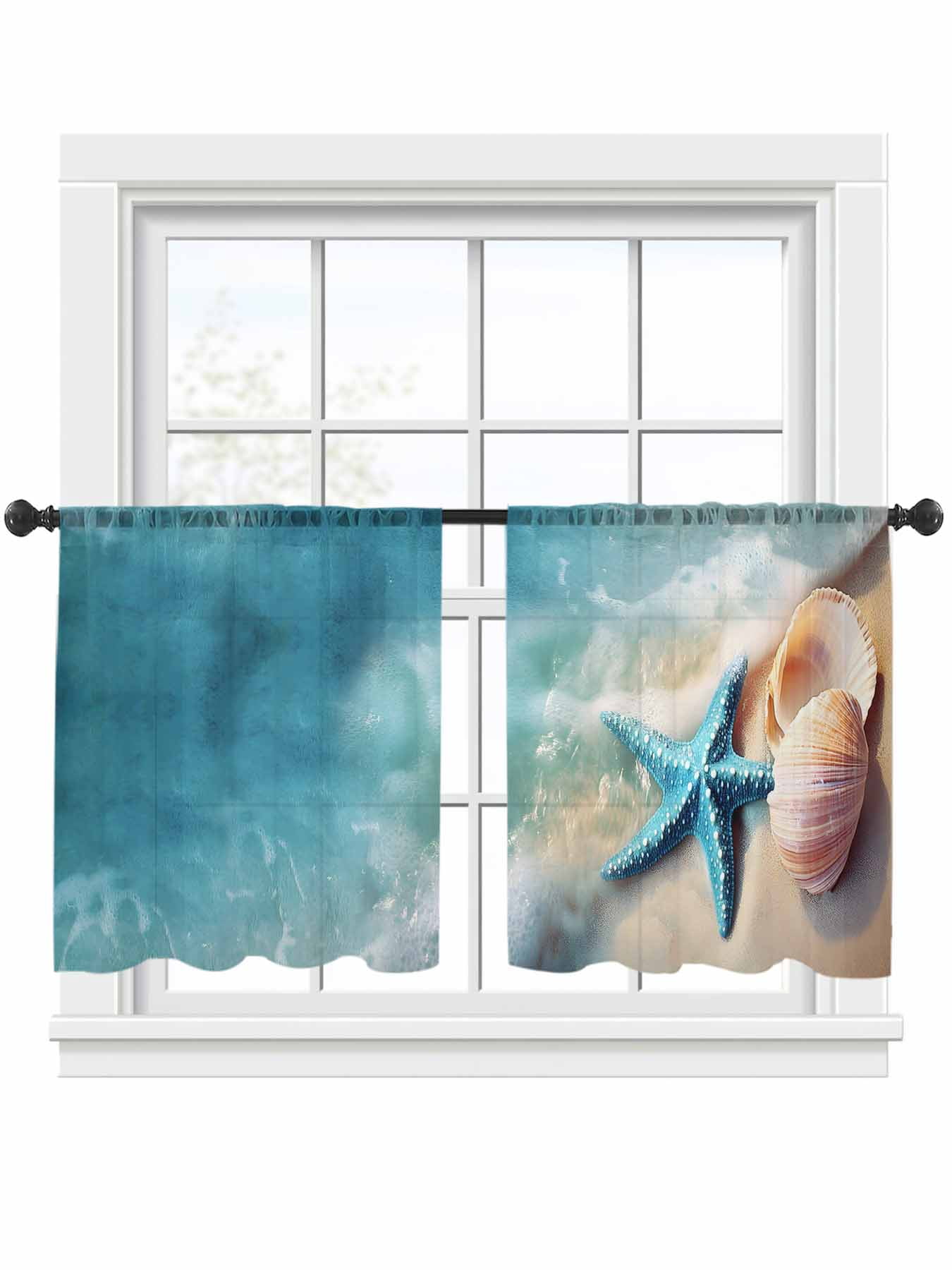 Ocean Waves Sheer Curtains 45 Inch Long 2 Panels, Beach Shells Starfish ...