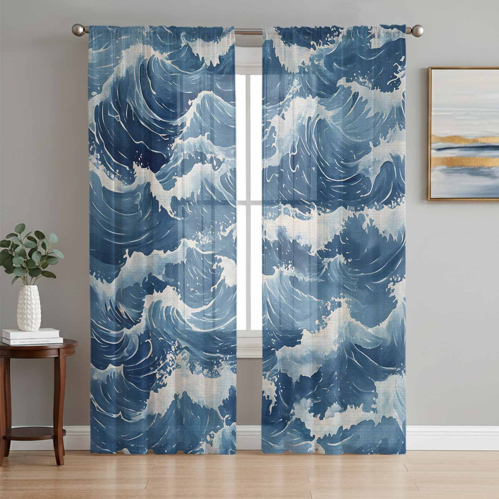 Ocean Waves Sheer Curtains 84 Inch Length 2 Panels Set, Summer Beach ...