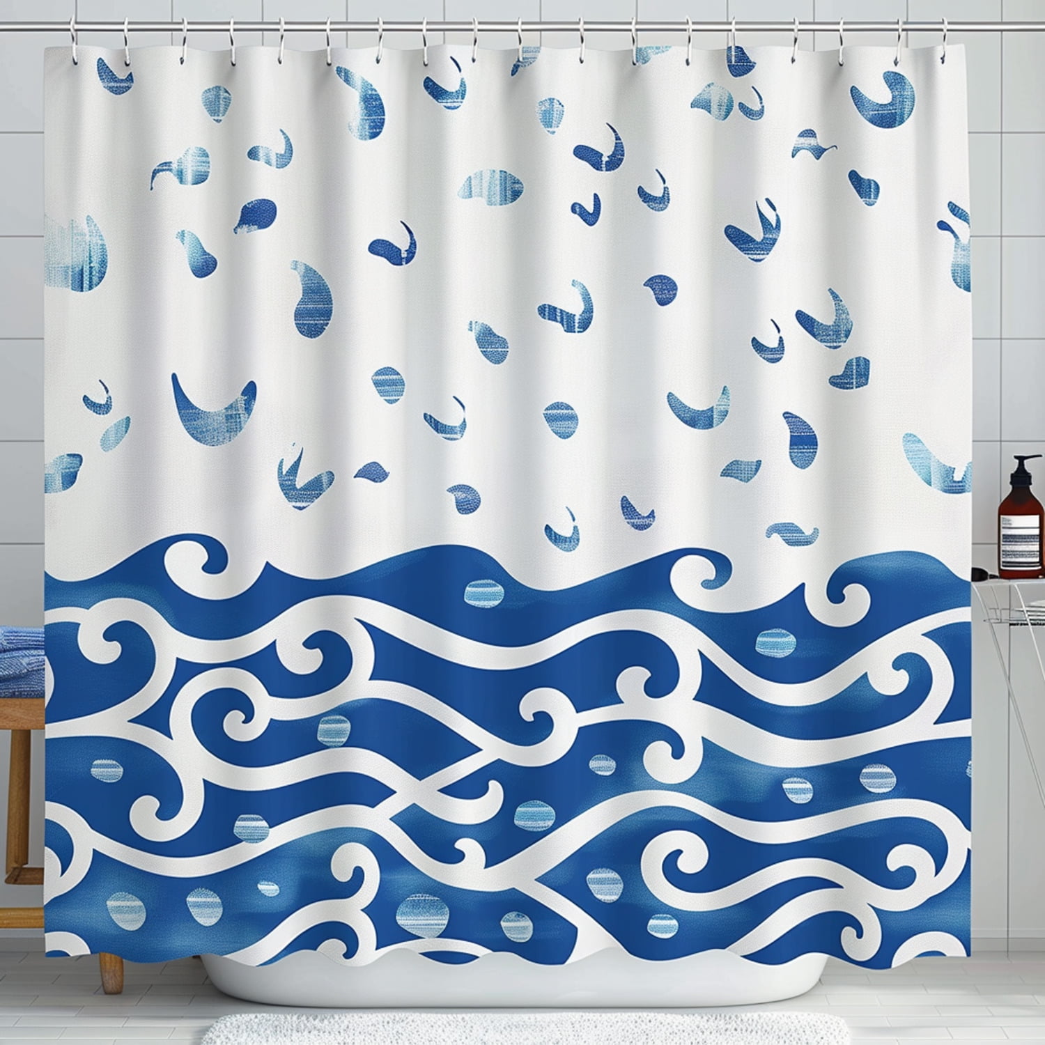 Ocean Waves Shower Curtain White and Blue Sea Pattern Bathroom Decor ...