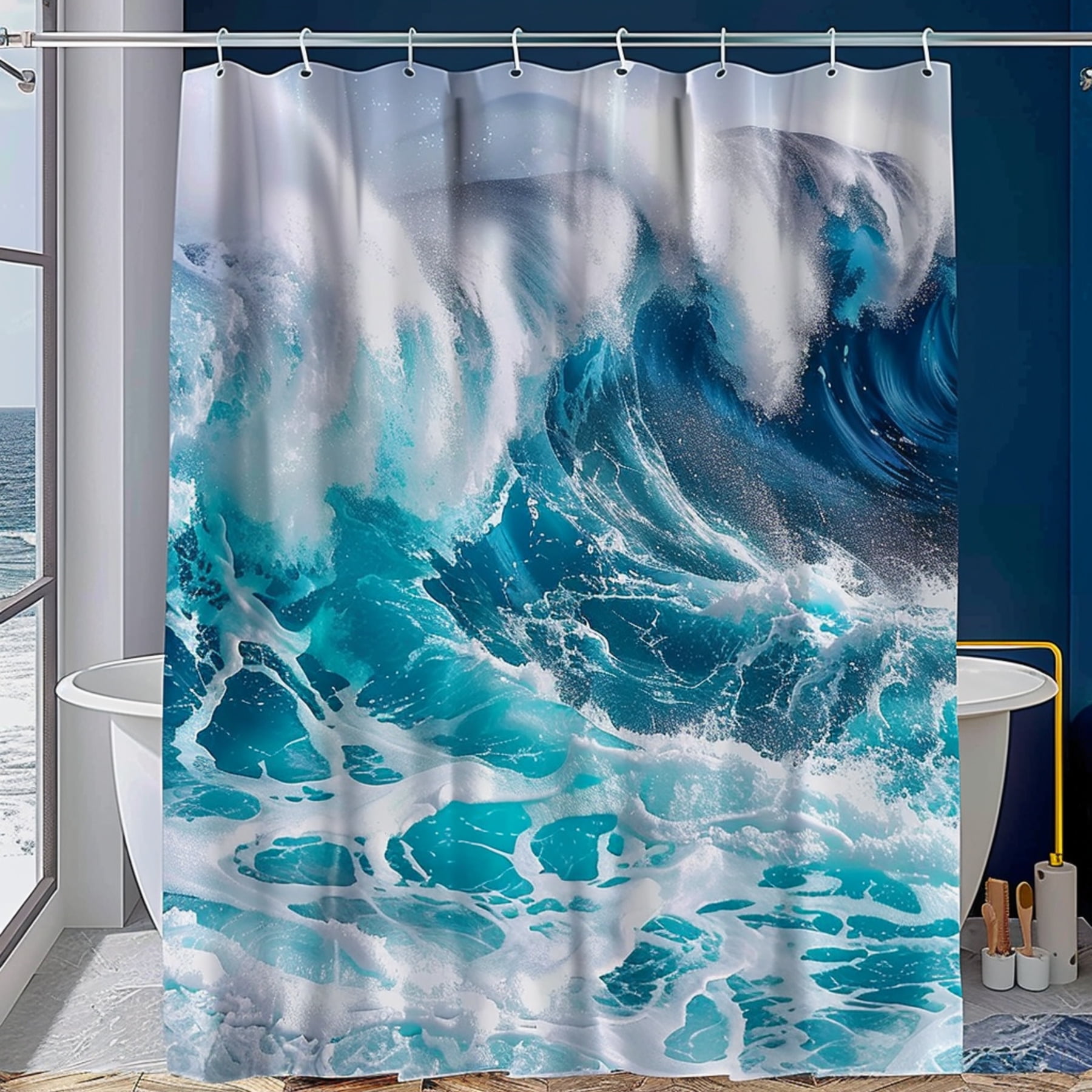 Ocean Waves Shower Curtain with Blue Water Design White Plastic Bag ...