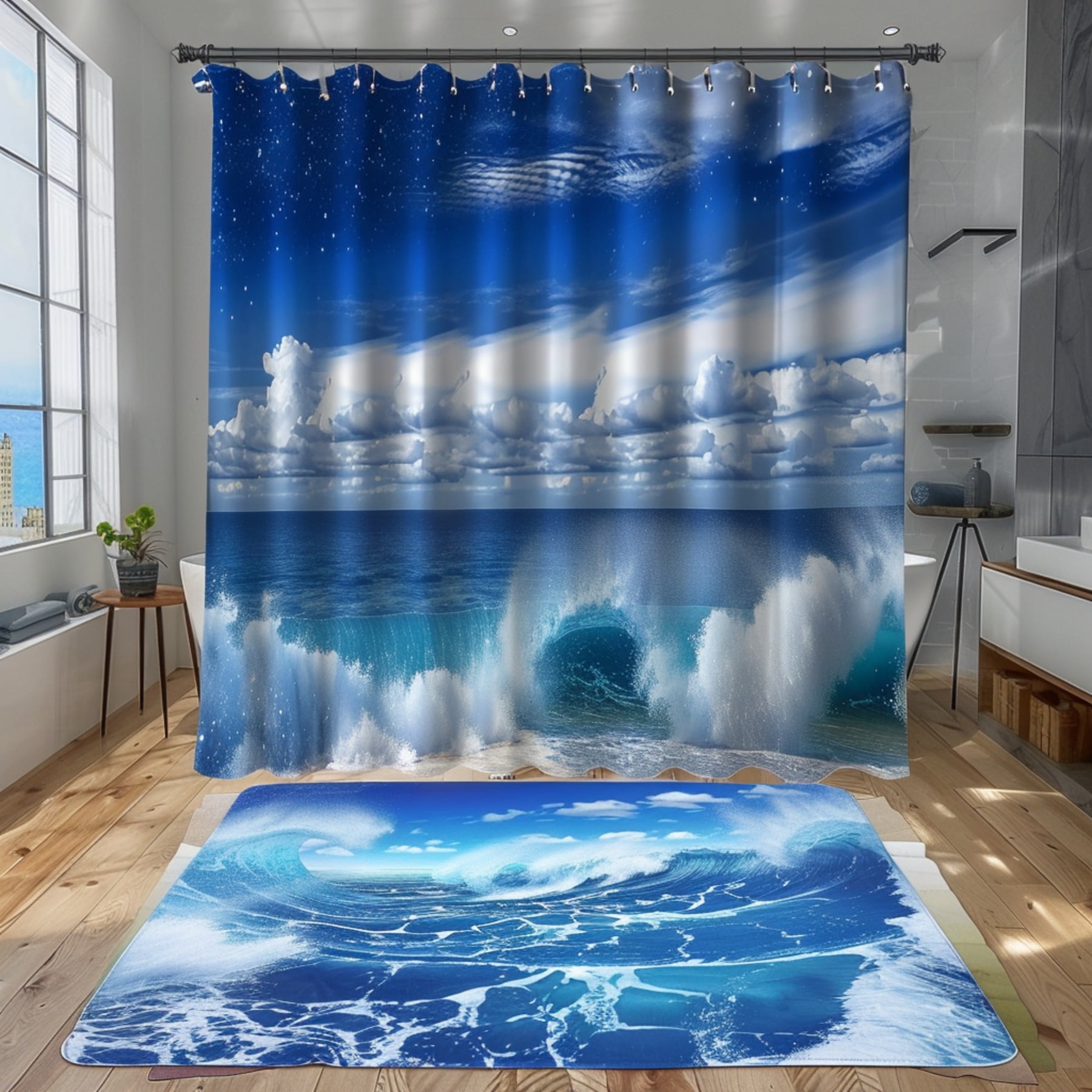 Ocean Waves Shower Curtain With Starry Night Sky Design Bathroom Decor