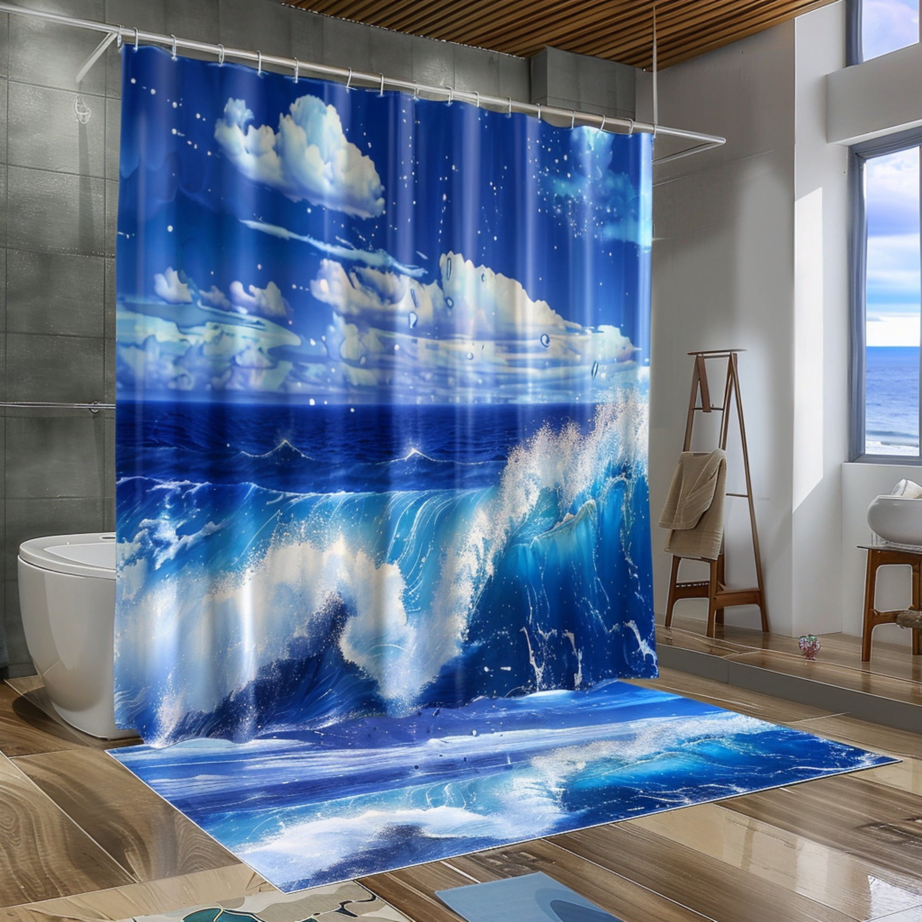 Ocean Waves Shower Curtain with Starry Night Sky Design Blue Bathroom ...