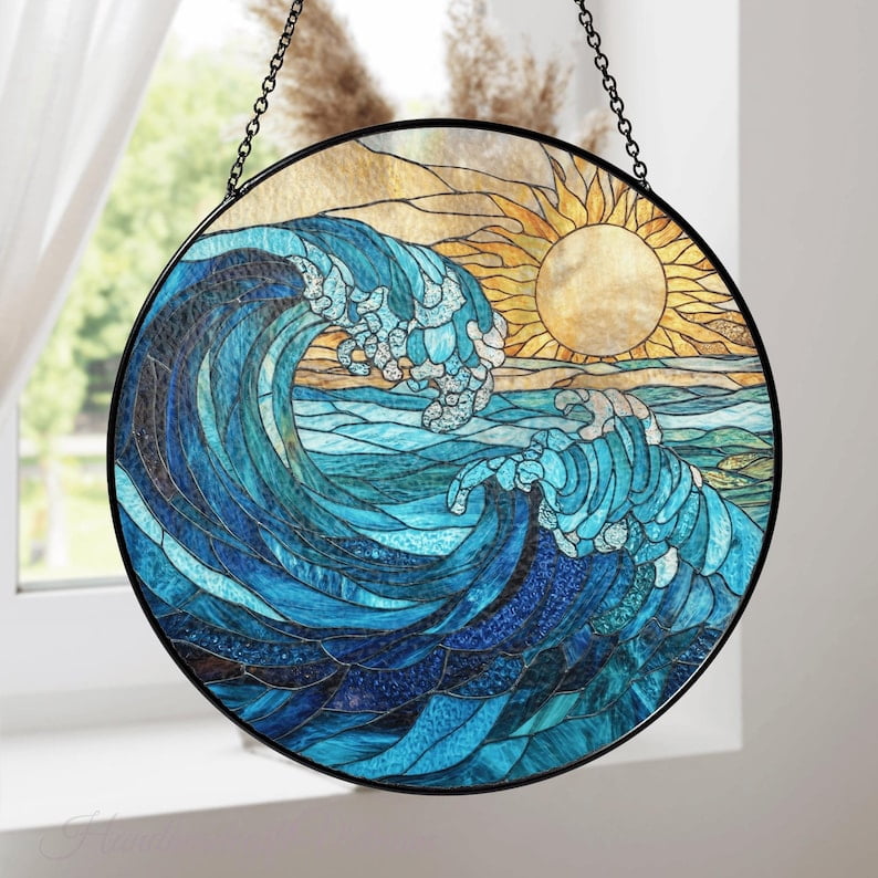 Ocean Waves Stained Glass Suncatcher, Ocean Suncatcher Gift, Beach ...