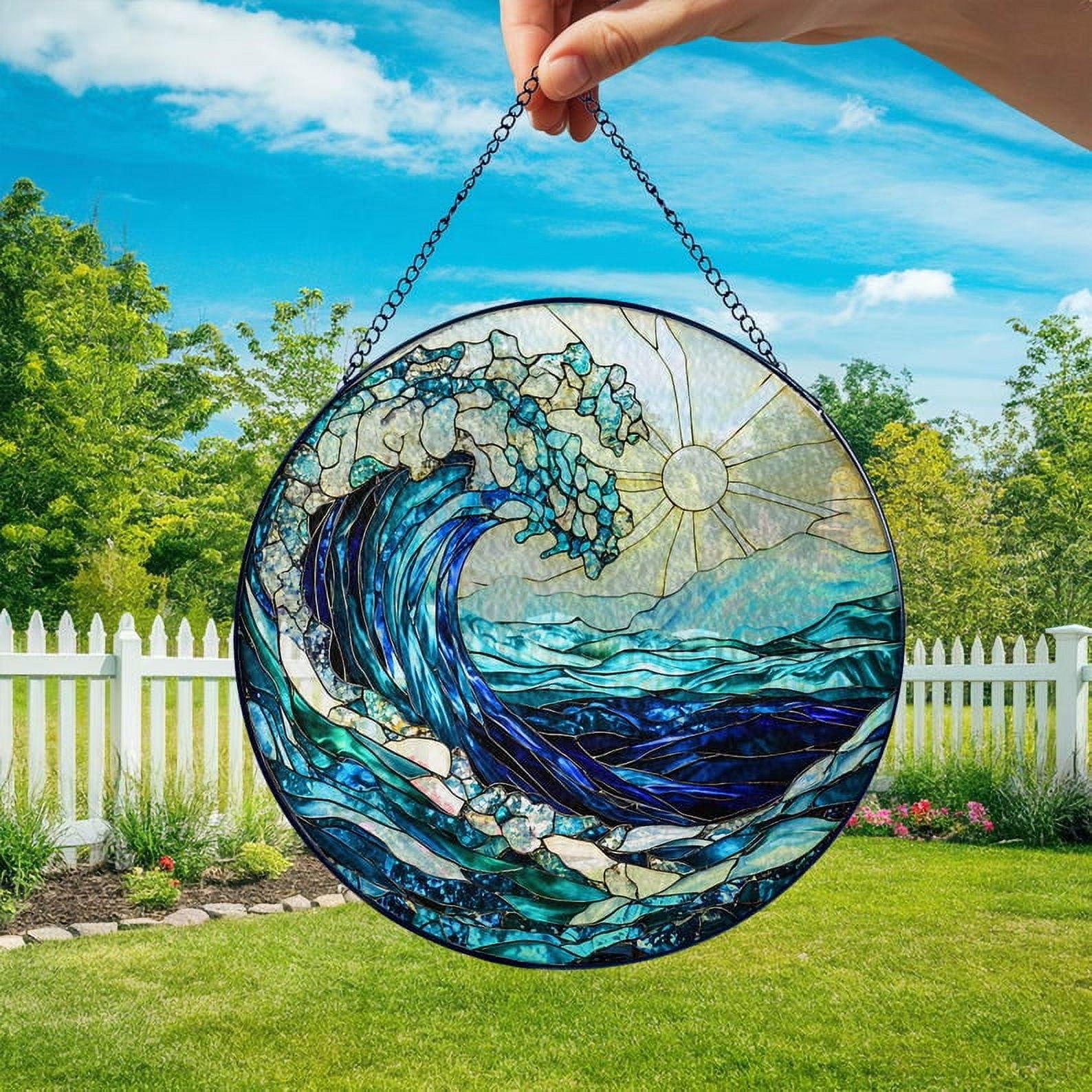 Ocean Waves Stained Glass Suncatcher, Ocean Wave Wall Art Window Hanger ...