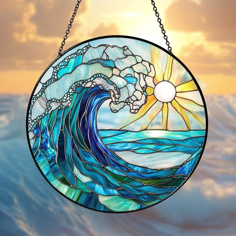 Ocean Waves Stained Glass Suncatcher,Ocean Wave Wall Art Window Hanger ...