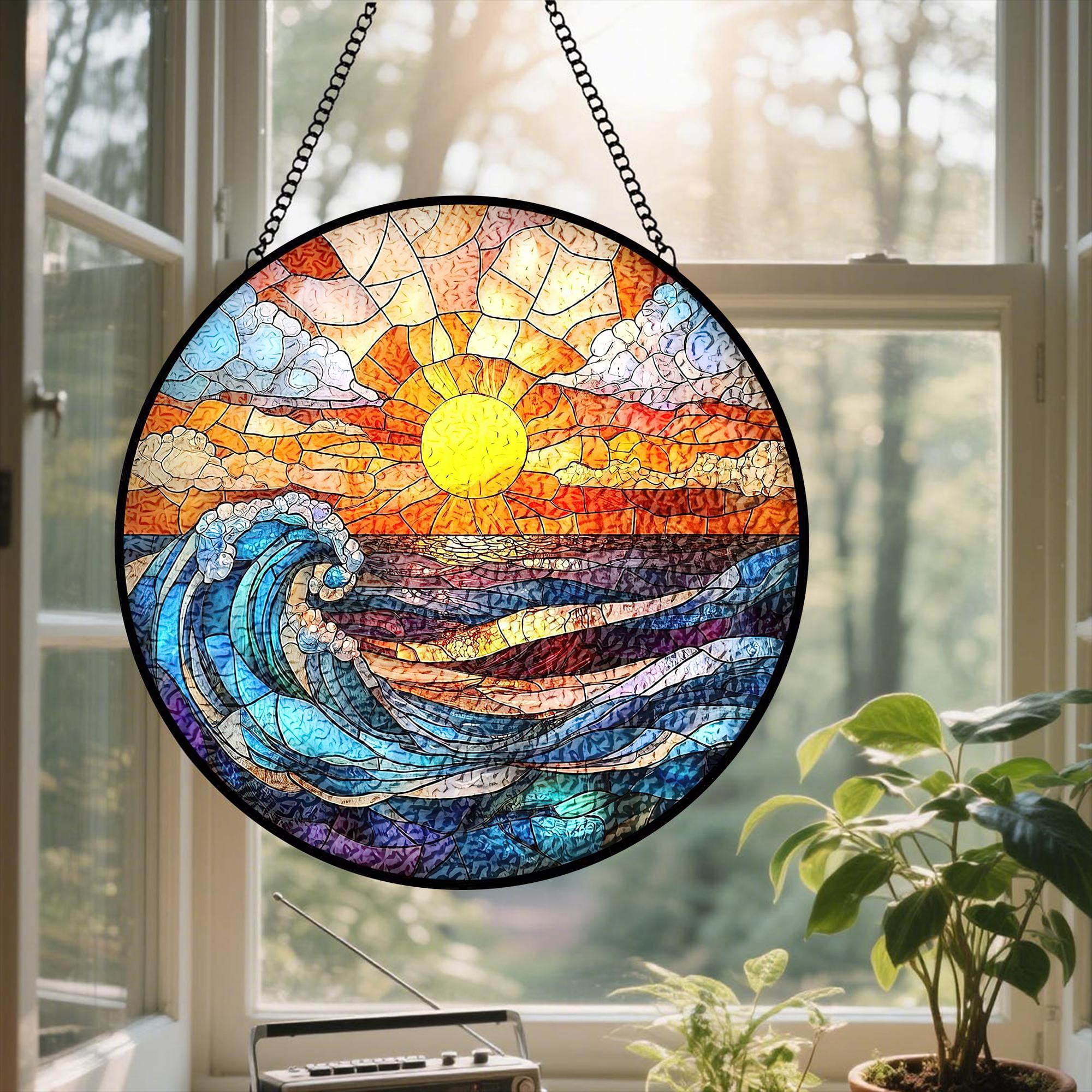 Ocean Waves Sunset Stained Glass Suncatcher, Beach Scenery Window Panel ...