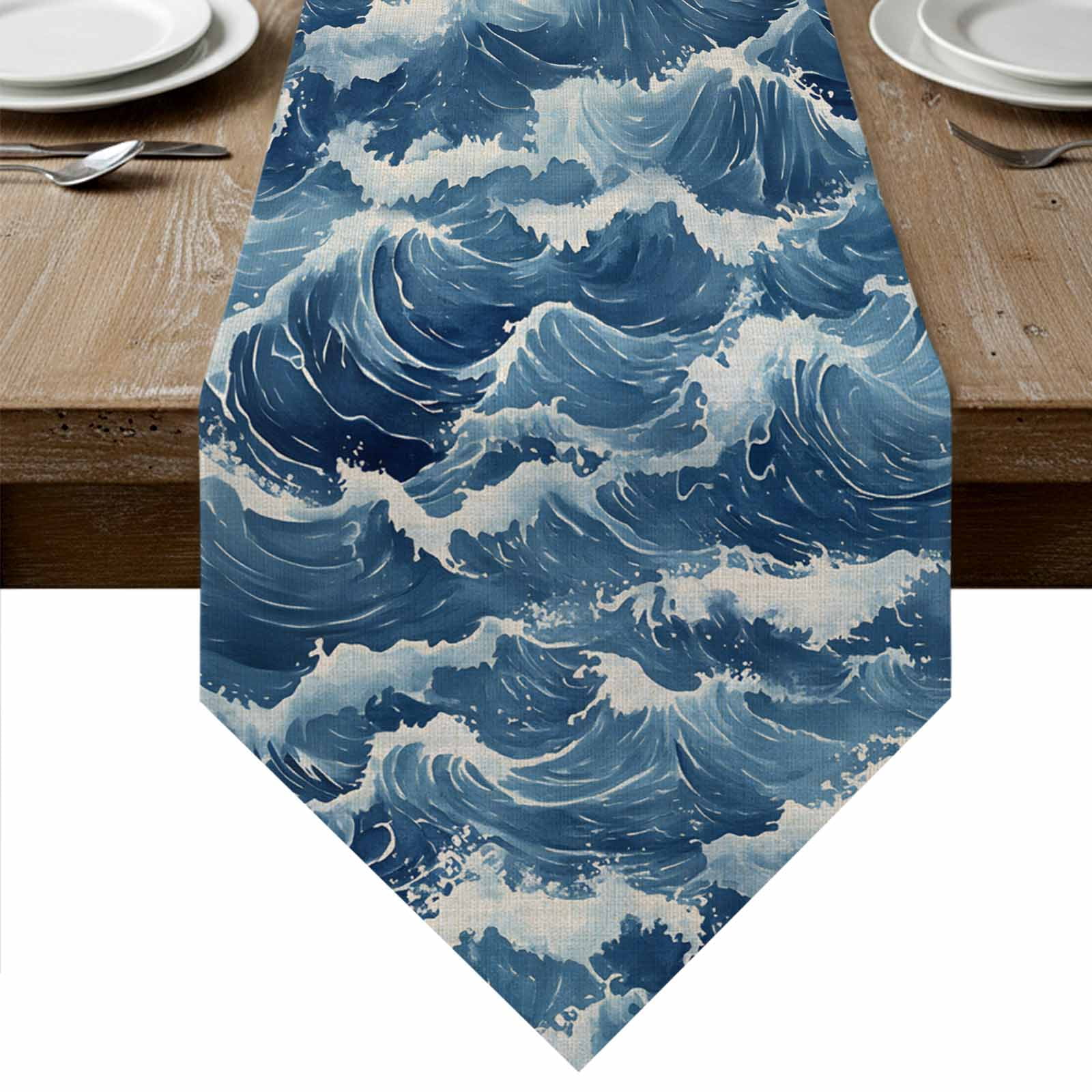 Ocean Waves Table Runner Linen Burlap Table Runner 72 Inches Long ...