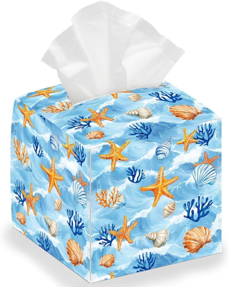 Ocean Waves Tissue Leather Box Summer Shells Coral Starfish Tissue Case ...