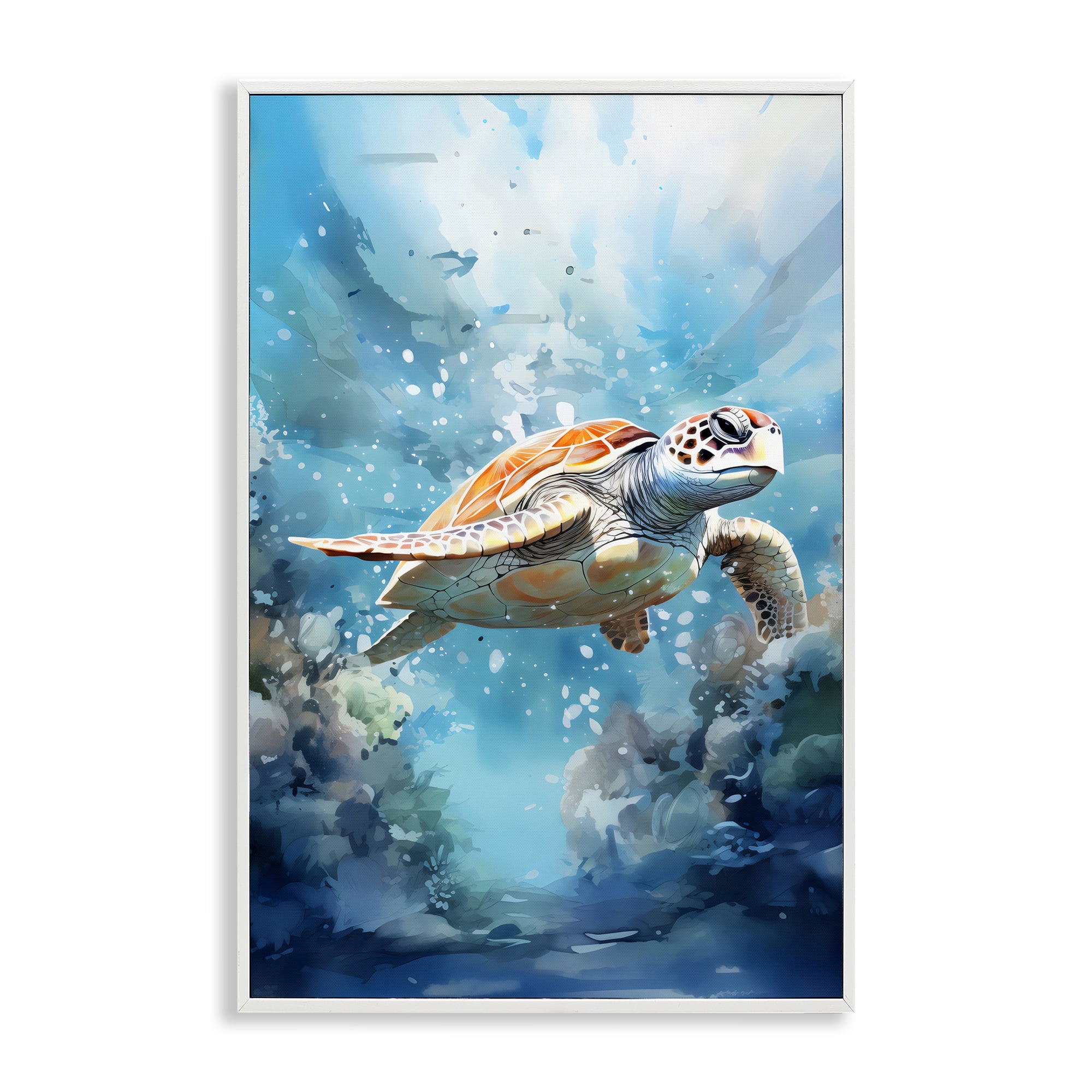 Stupell Industries Ocean Waves Turtle Undersea White Framed Giclee Art ...