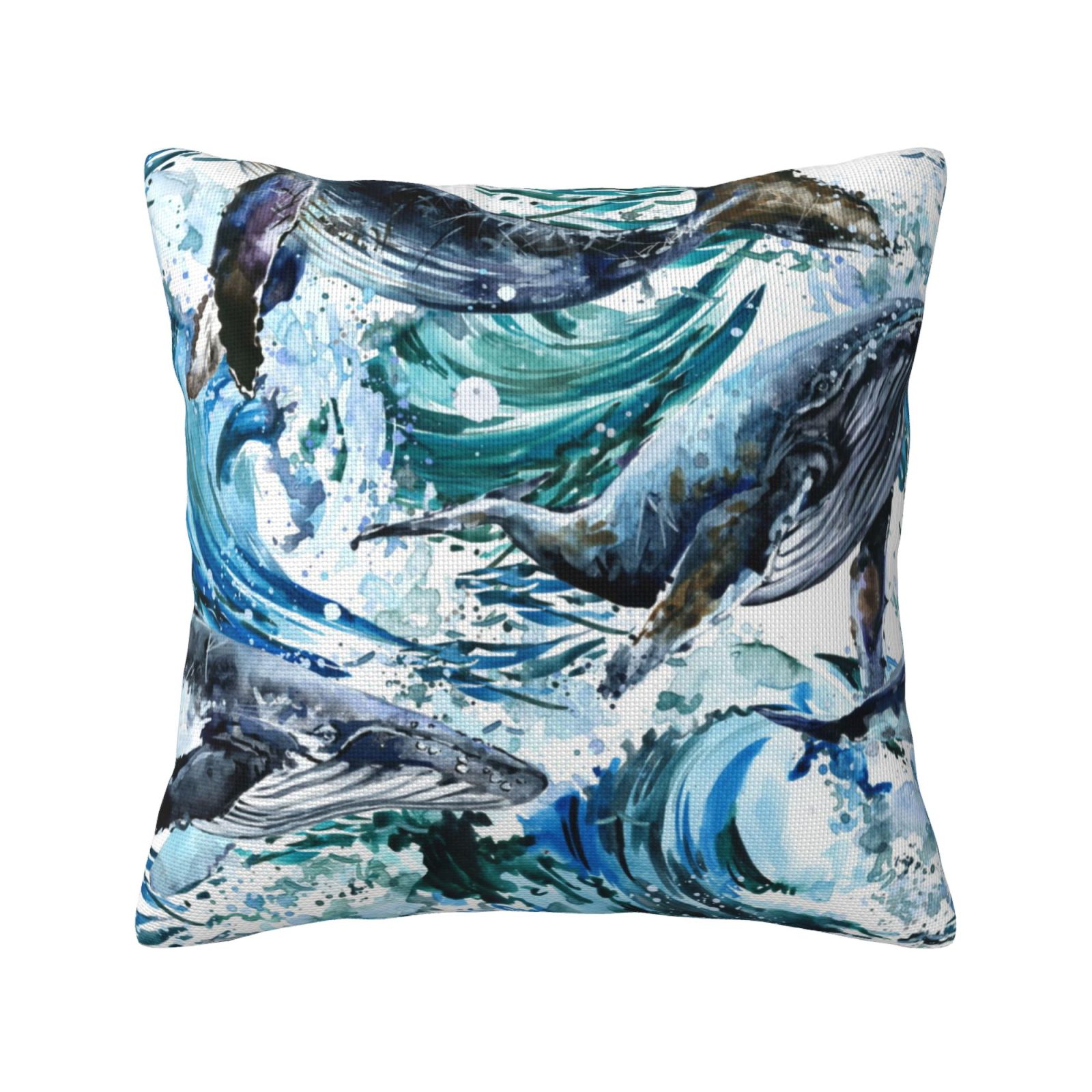 Ocean Waves Whale Watercolor Print Polyester Pillow Cover with Hidden ...