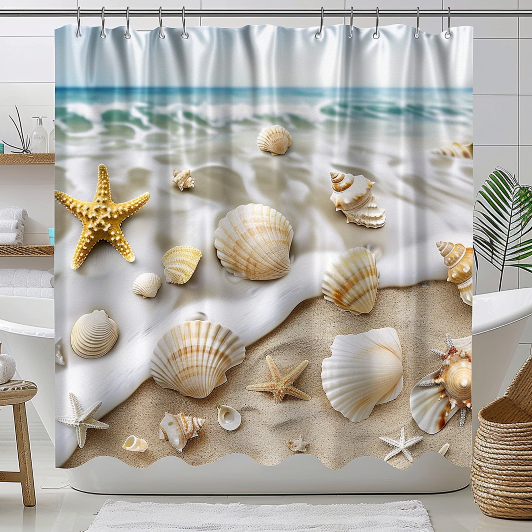 Ocean Waves and Seashells Shower Curtain Artistic Beach Theme Bathroom ...
