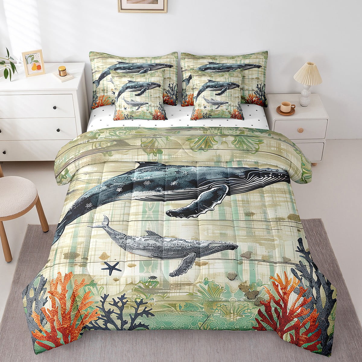 Ocean Whale Bed in a Bag Queen Comforter Set 7 Piece,Under Sea Coral ...