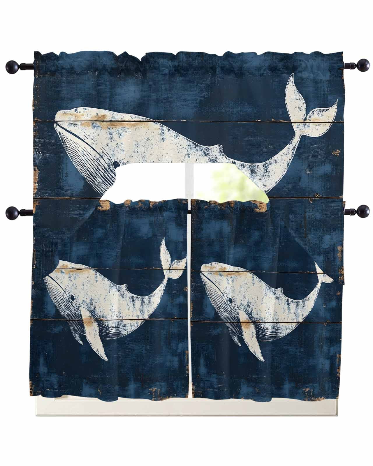 Ocean Whale Blue Kitchen Curtains Sets 36 Inch Length with Valance ...