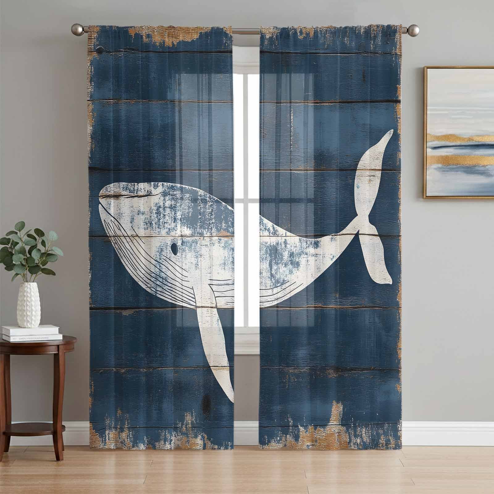 Ocean Whale Blue Sheer Curtains 72 Inch Length 2 Panels Set, Summer ...