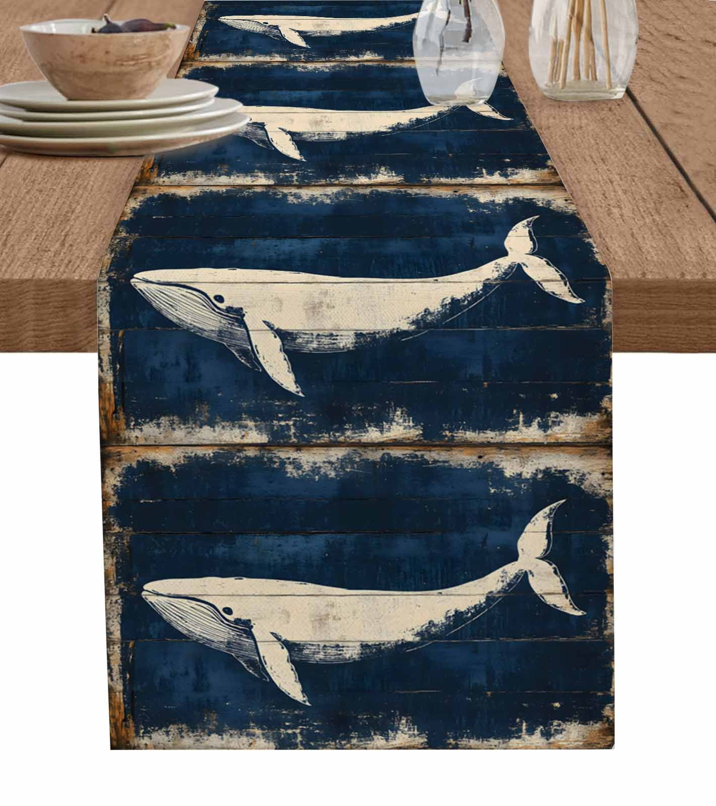 Ocean Whale Blue Table Runner 72 Inches, Summer Coastal Vintage Wood ...
