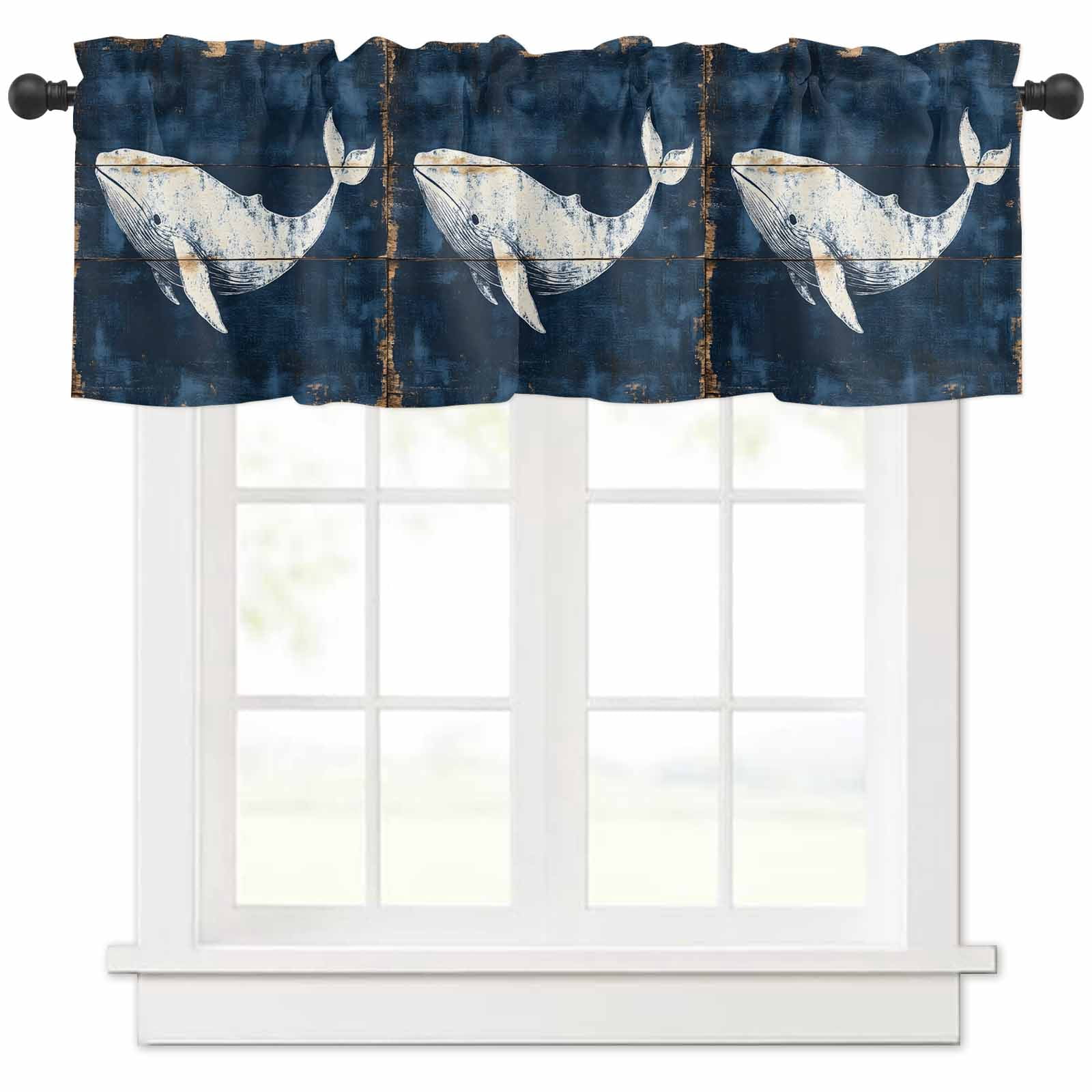 Ocean Whale Blue Valances for Windows Farmhouse Kitchen Curtains ...