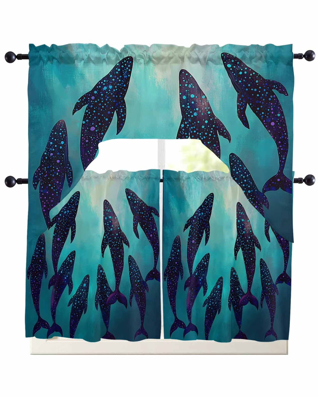 Ocean Whale Kitchen Curtains Swag Valance and Tier Curtains Set 24 Inch ...
