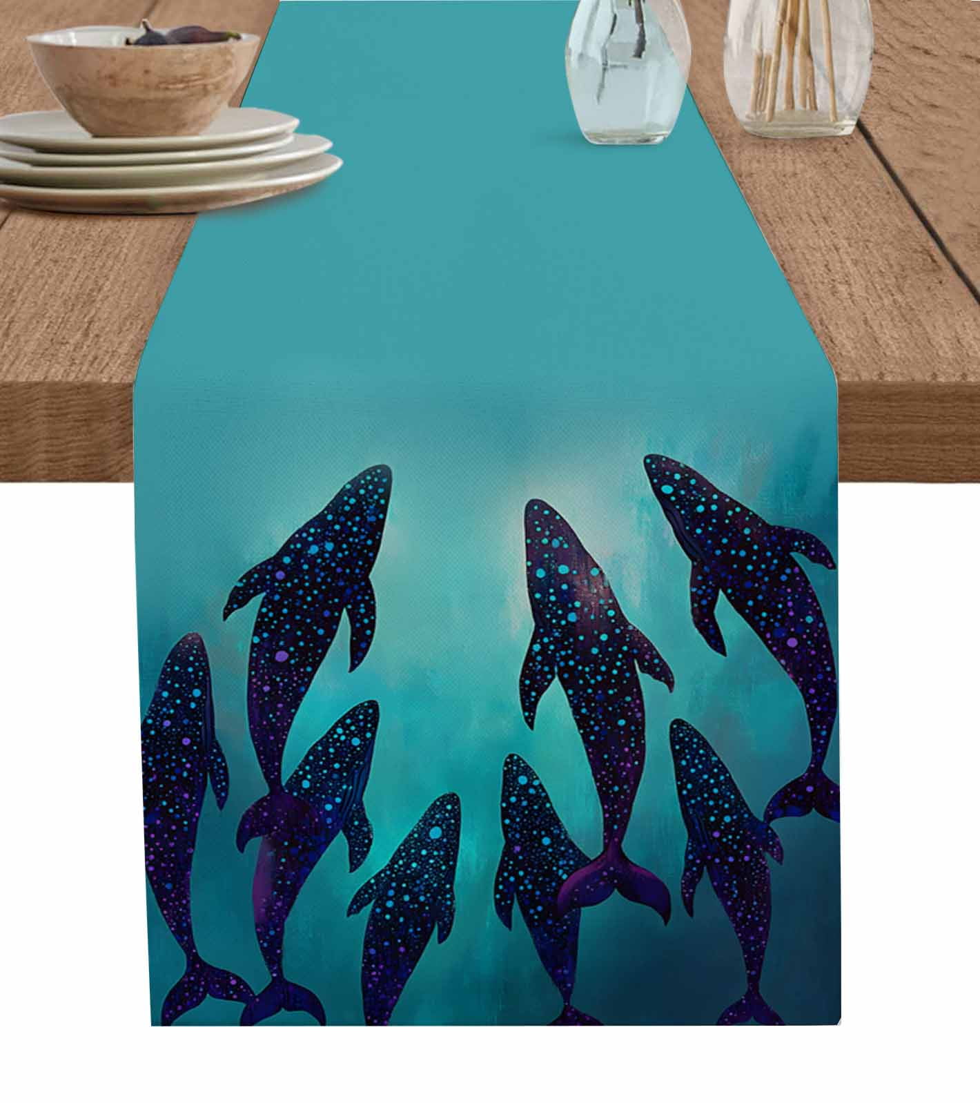 Ocean Whale Table Runner 70 Inches, Coastal Nautical Teal Sea Bed ...