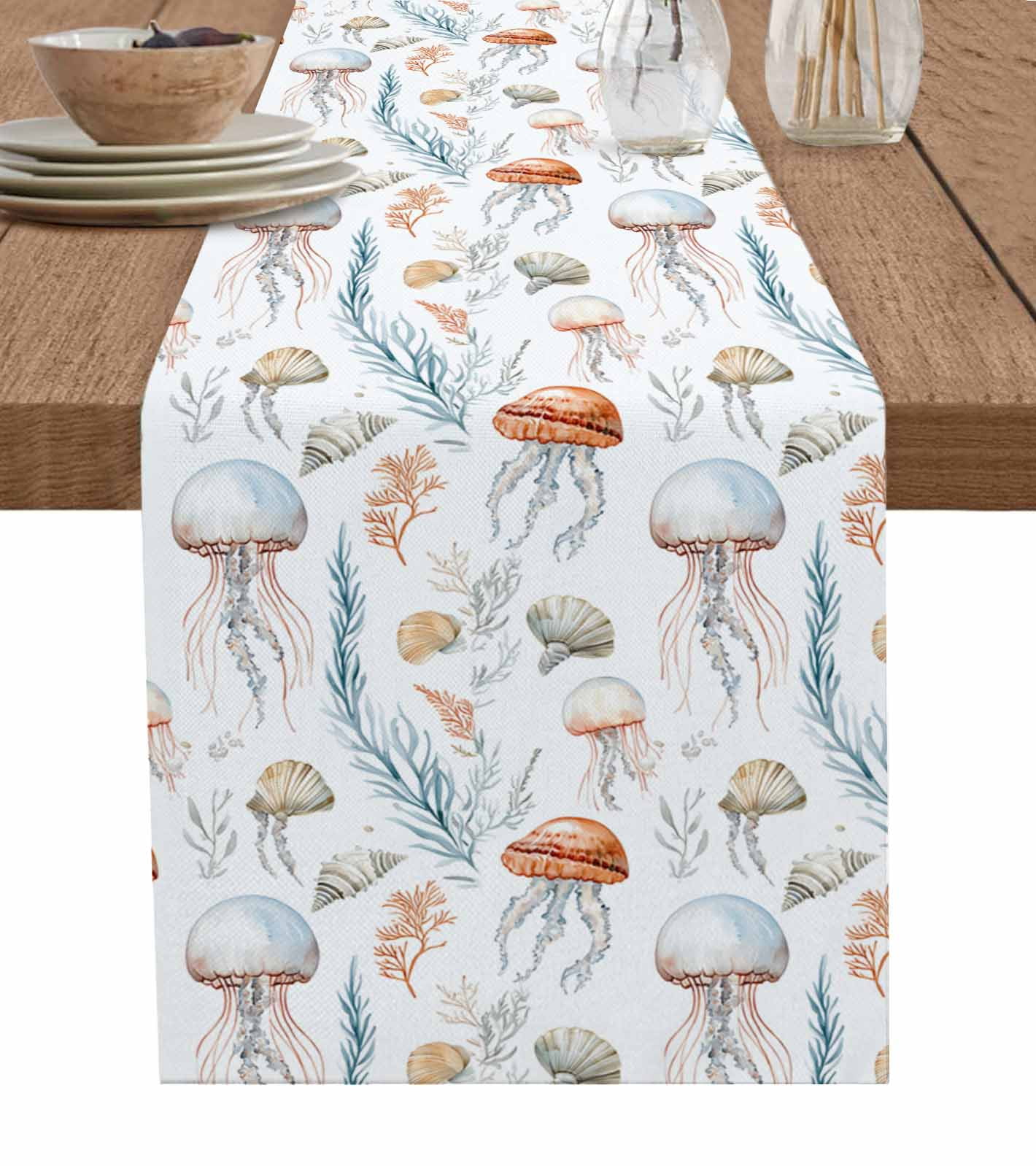 Ocean White Jellyfish Burlap Cotton Table Runner 13x120 Inches Long ...
