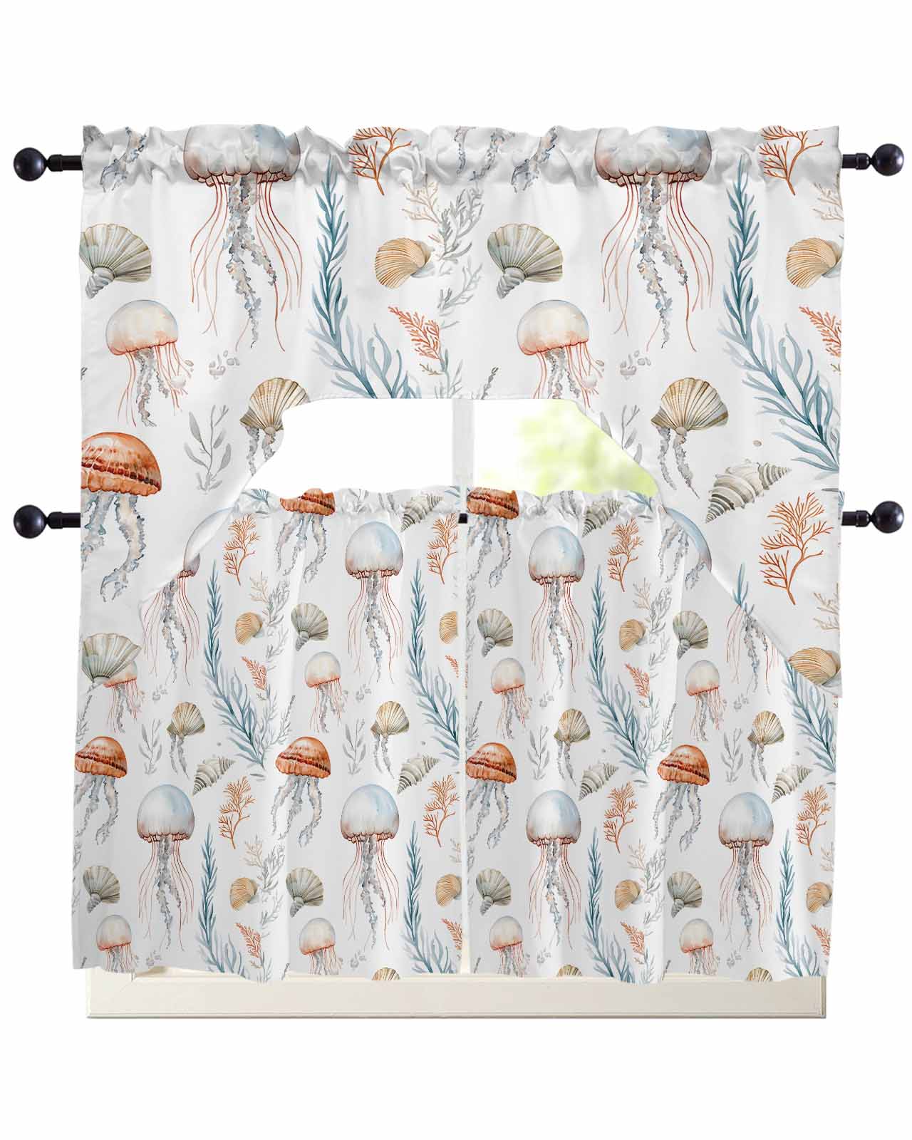 Ocean White Jellyfish Kitchen Curtains Sets 36 Inch Length with Valance ...