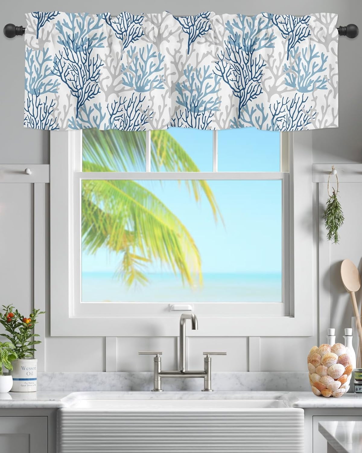 Ocean Window Valance,Blue Coral Valances for Kitchen Windows,Marine ...