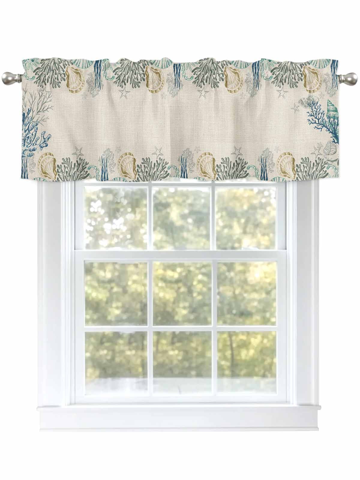 Ocean Window Valances for Kitchen, Shell Coral Conch Marine Life Linen ...