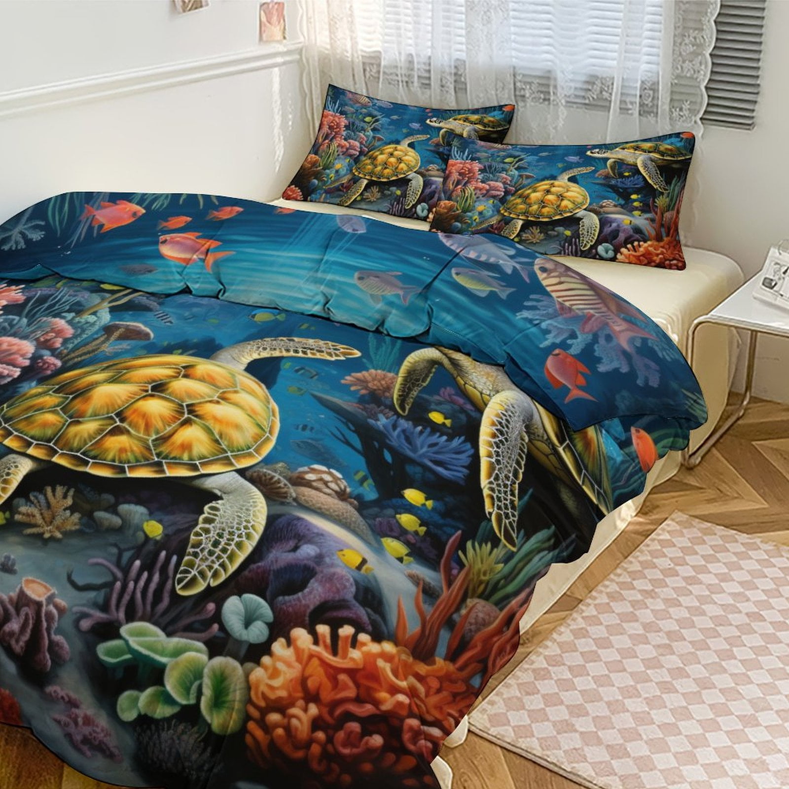 Ocean World Turtle Bedding Sets Twin Duvet Cover 3 Piece Cute Bed Set ...
