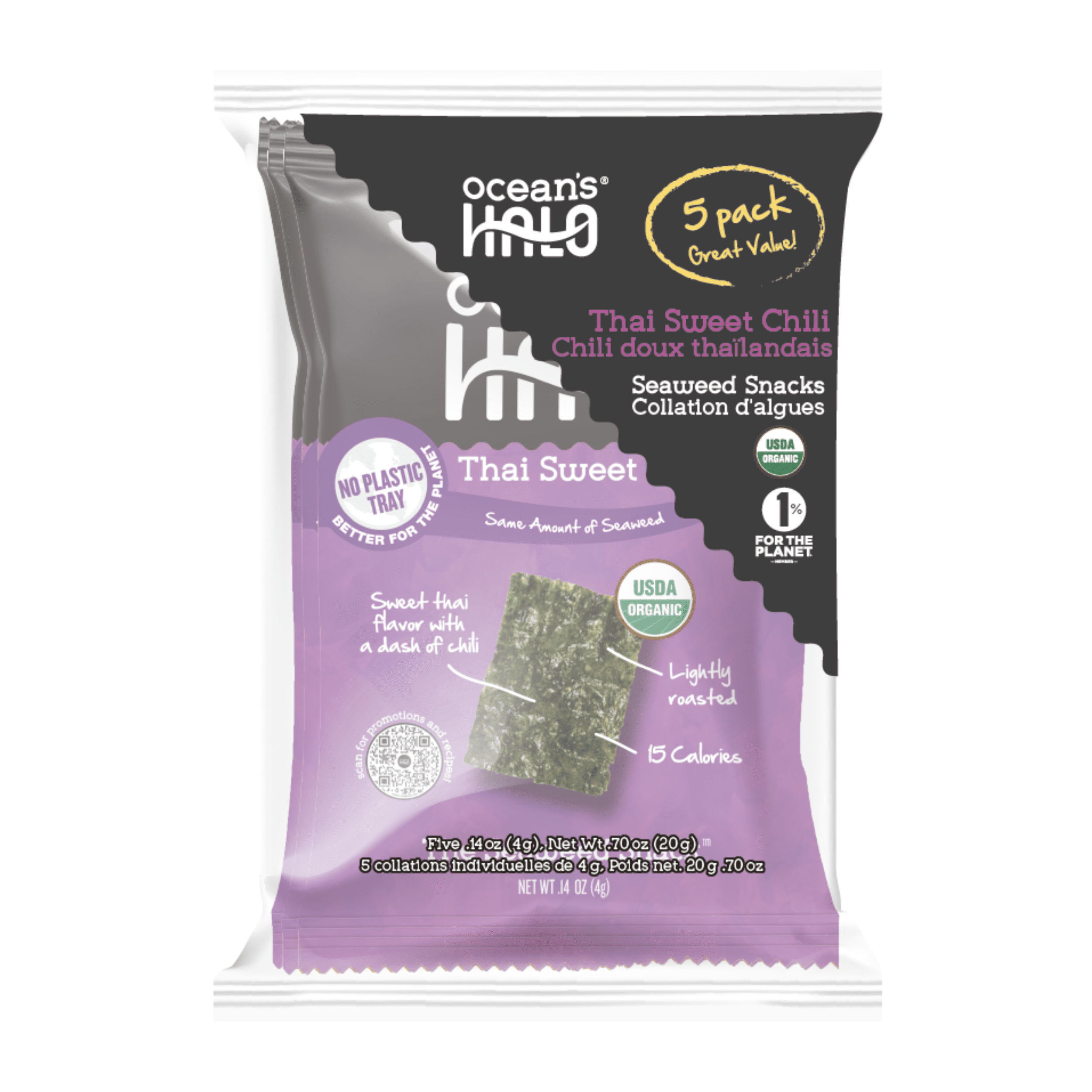 Ocean's Halo, 5 Pack Organic Trayless Seaweed Snack, Thai Sweet Chili ...