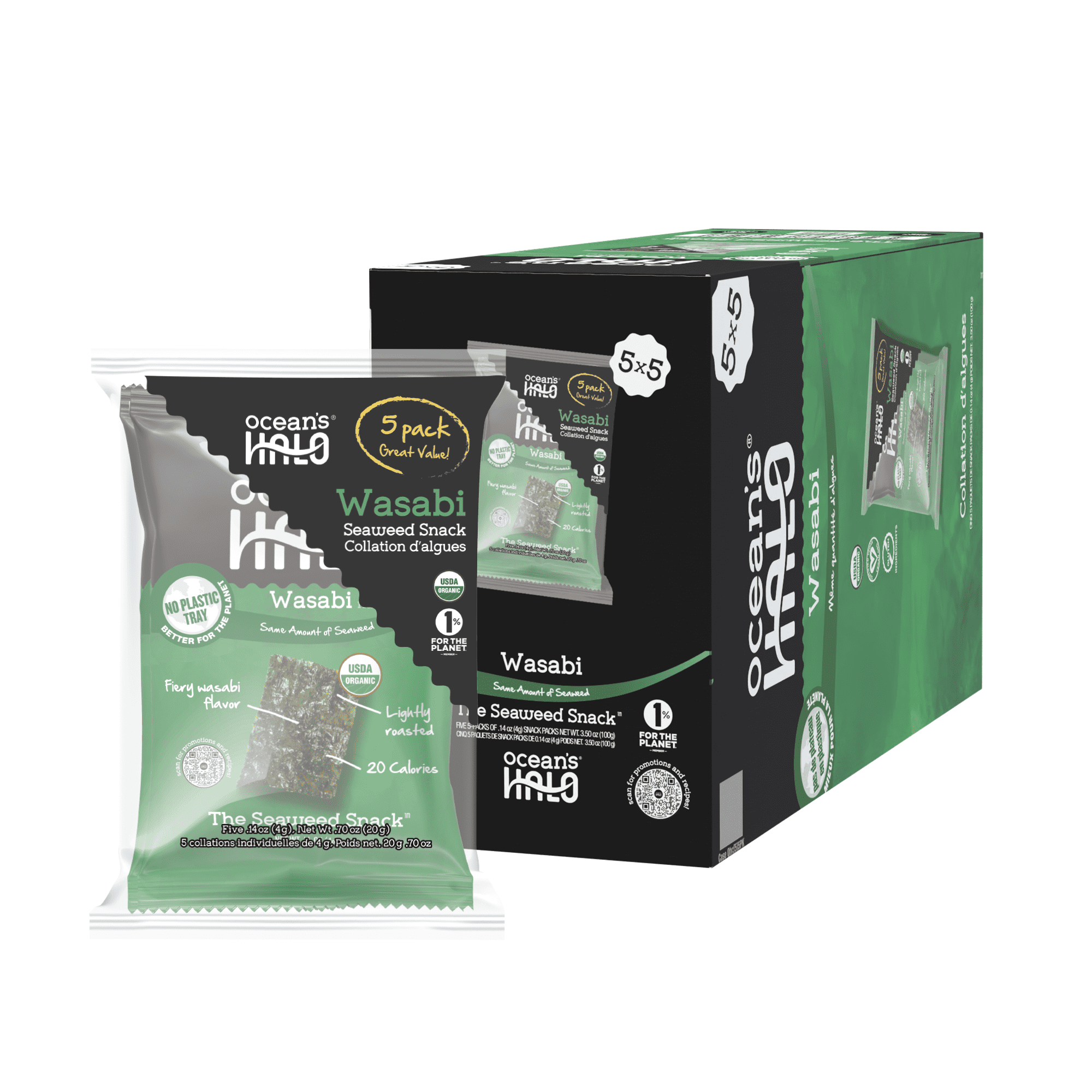 Ocean's Halo Organic Wasabi Seaweed Snack, 25 Pack Crispy Nori Case ...