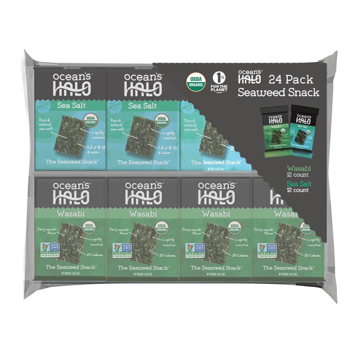 Ocean's Halo Seaweed Snack Variety Pack, Sea Salt & Wasabi, 0.14 oz, 24 ...