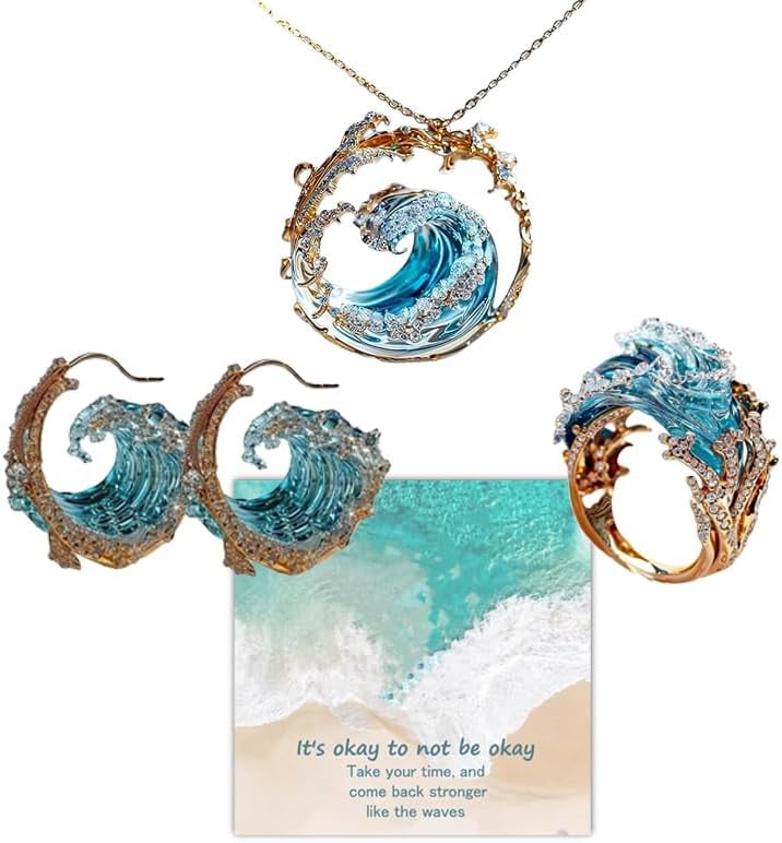 Ocean's Oath Jewelry Set, Silver 18K Gold Plated Ocean Wave Oath ...