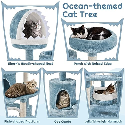 Ocean-themed Cat Tree, Multi-Level Cat Tower with Sharks Mouth-shaped ...