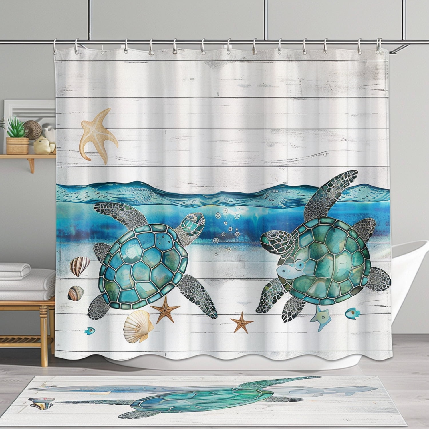 Ocean Themed Turtle Bathroom Set With Sea Shell Decor Blue Curtain