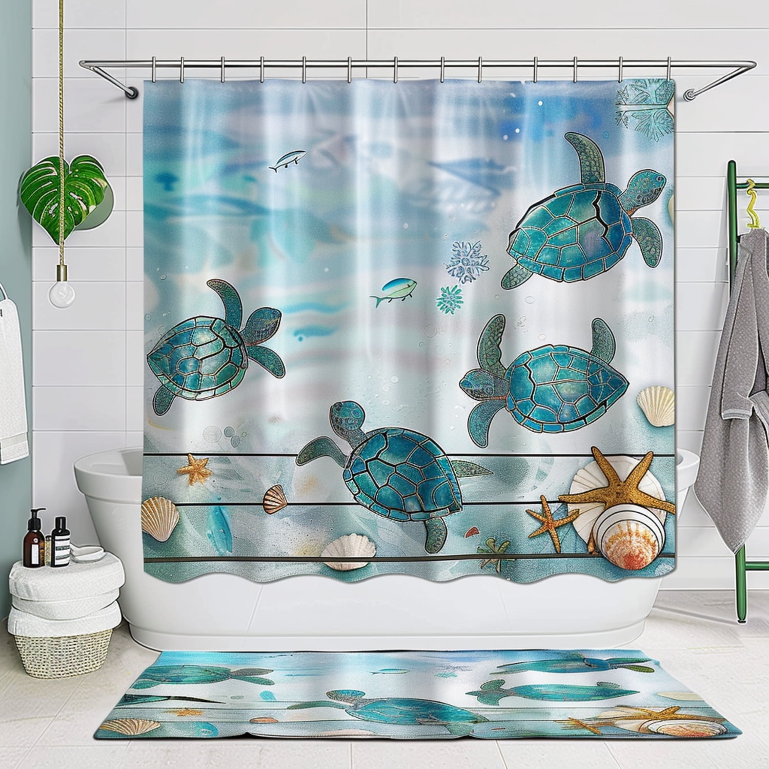 Ocean Themed Turtle Bathroom Set With Sea Shell Decor Blue Curtain