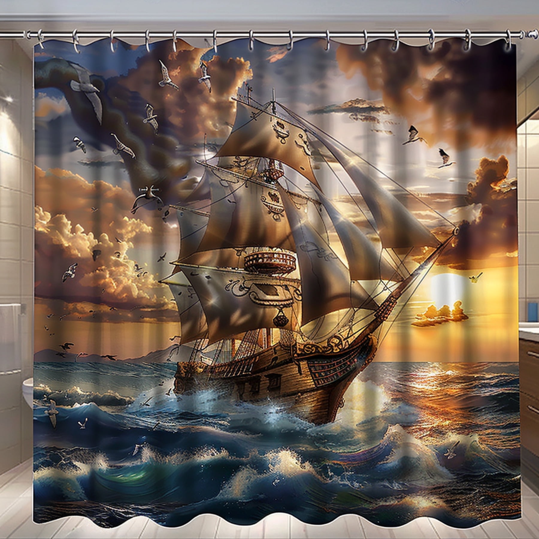 Oceanthemed Pirate Ship Shower Curtain Ultra Realistic 8k Design With