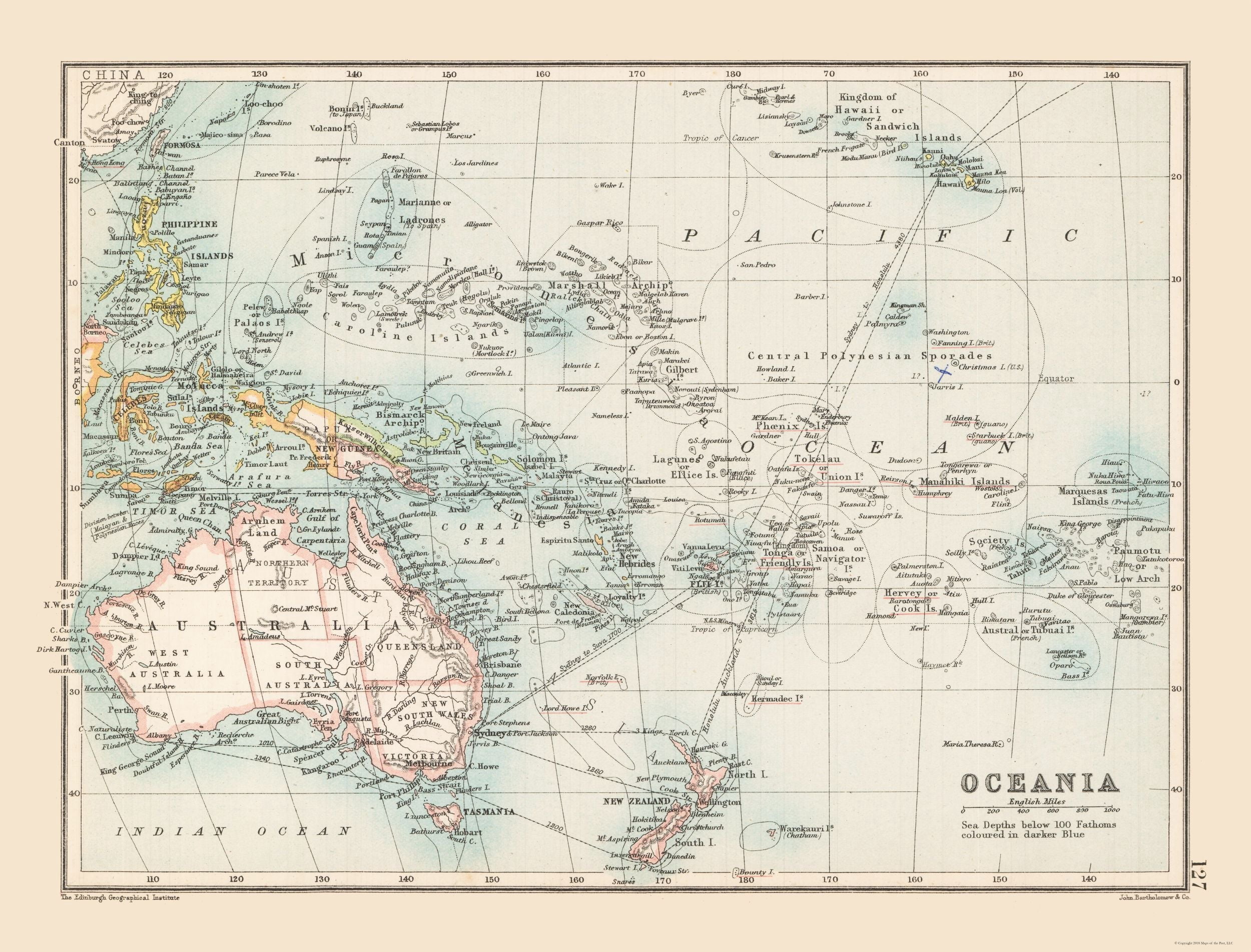 Historic Nautical Map - Oceania Sea Depth - Bartholomew 1892 - 30.21 x ...