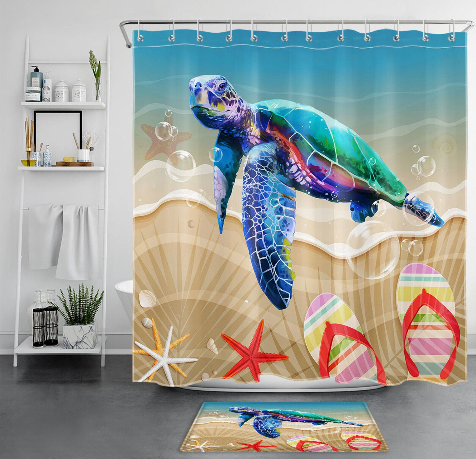 Oceanic Delight Hilarious Sea Turtle Shower Curtain And Beachy Flip
