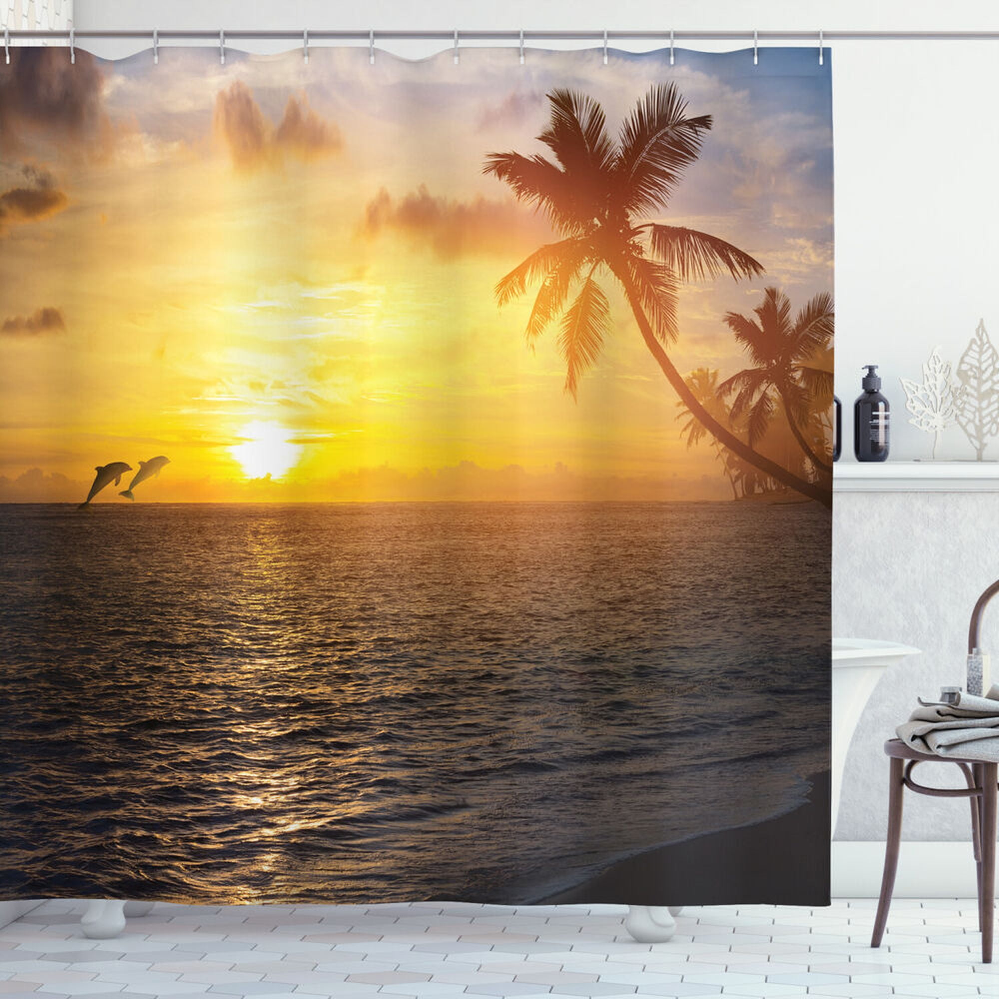 Oceanic Delight Shower Curtain with Dolphin Frolics and Sunset Hues ...