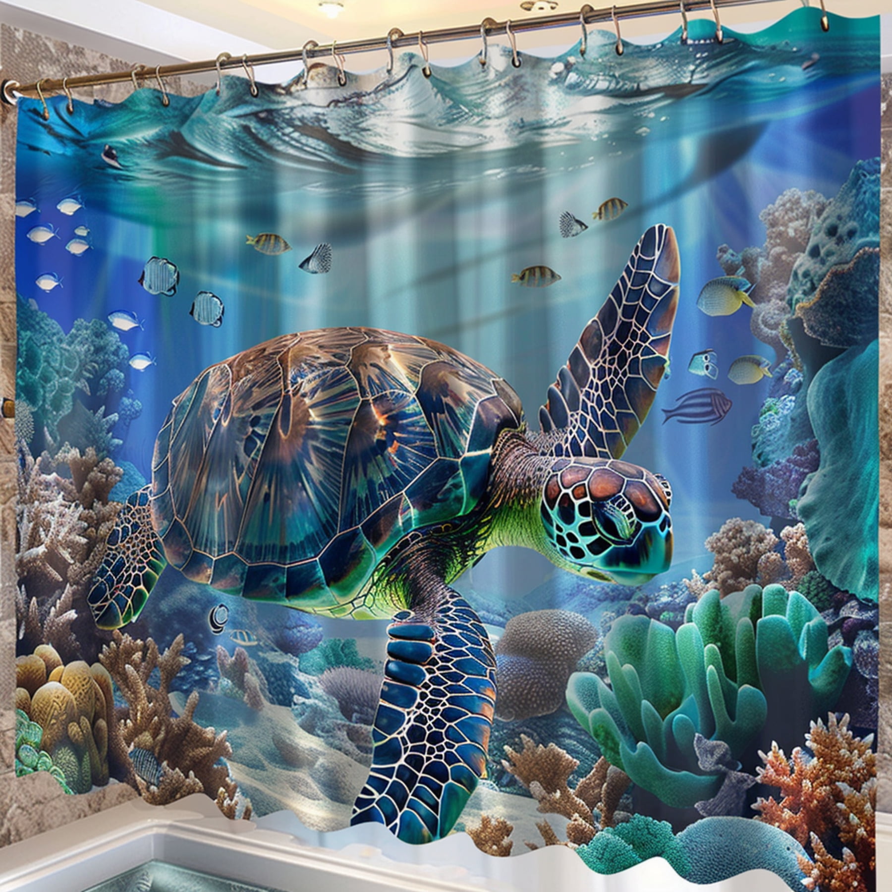 Oceanic Elegance Hyper Realistic Sea Turtle And Coral Reef Shower