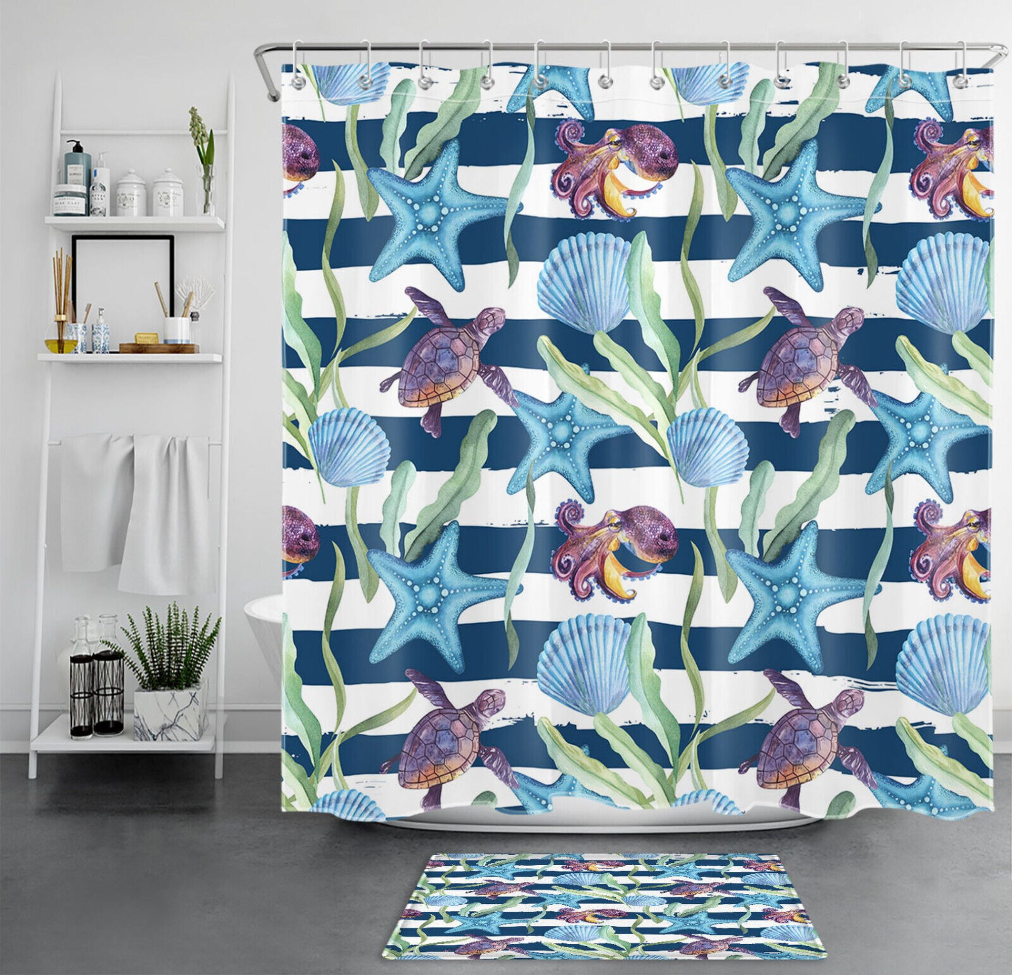 Oceanic Elegance Nautical Purple Turtle Shower Curtain Set With Blue